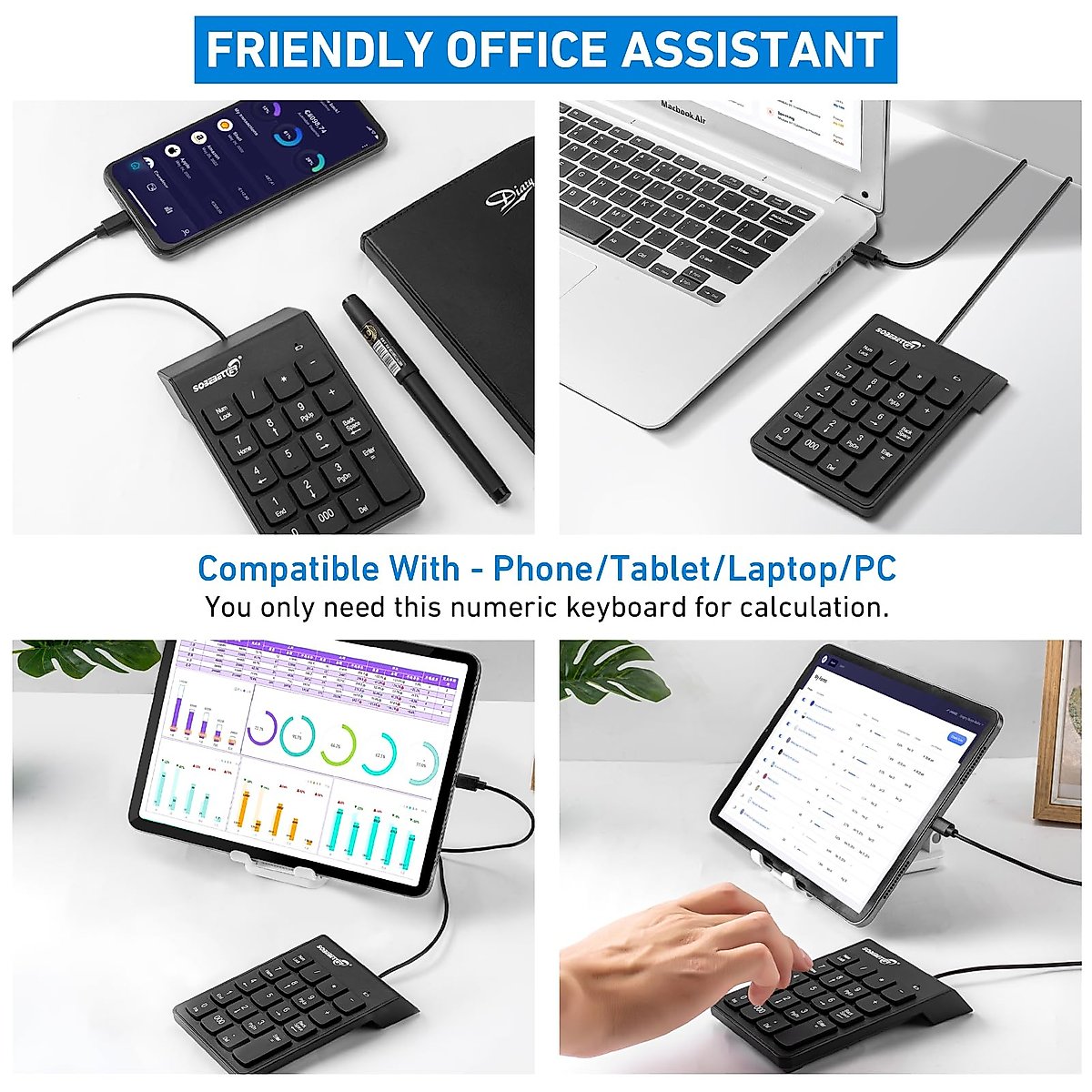 Huifen Type C Number Pad, USB Numeric Keypad 19 Keys Plug & Play Financial Accounting Numpad Office Home Portable Mini Keypad Slim Number Keyboard for Laptop Phone PC Tablet Notebook (Black)
