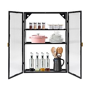 Titunjian Wall Cabinet Haze Double PC Door Wall Cupboard with Detachable Shelves Storage Cabinet for Office Dining Room Living Room Kitchen Bathroom, 19.7 * 5.5 * 27.5 Inch (Black)