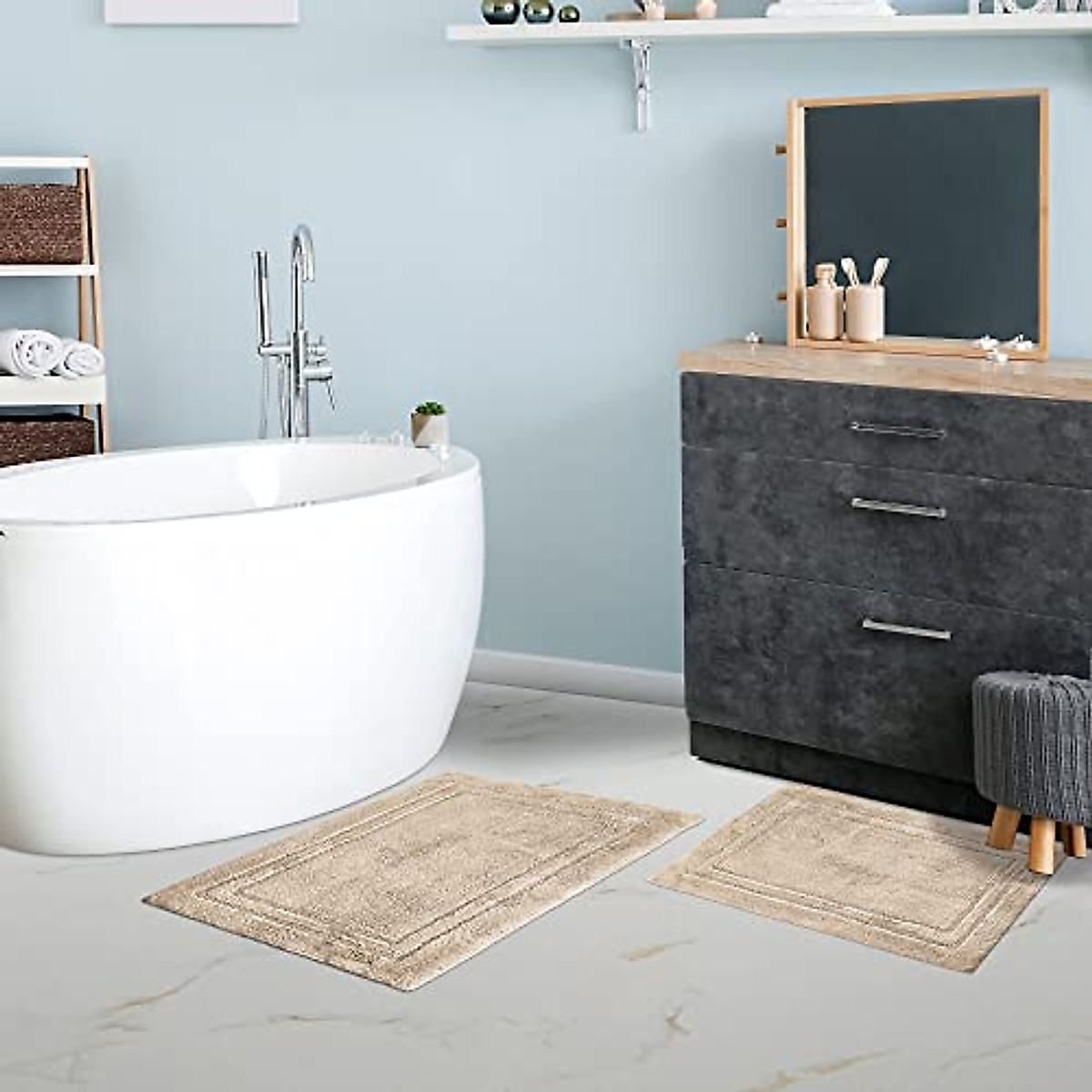 SUPERIOR Non-Slip Cotton 2 Piece Bath Rug Set with Spray Latex Backing, 20" x 30", 24" x 36", Stone