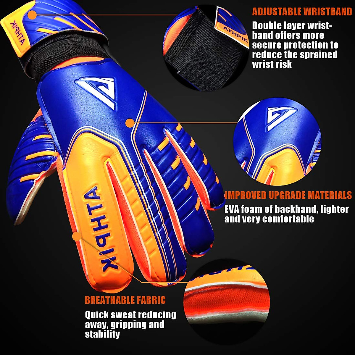 ATHPIK Soccer Goalie Gloves, Junior Indoor & Outdoor Goalkeeper Gloves with Finger Spines Protection and Strong Grip for Kids, Youth, Girls and Boys(Blue,Size 6)