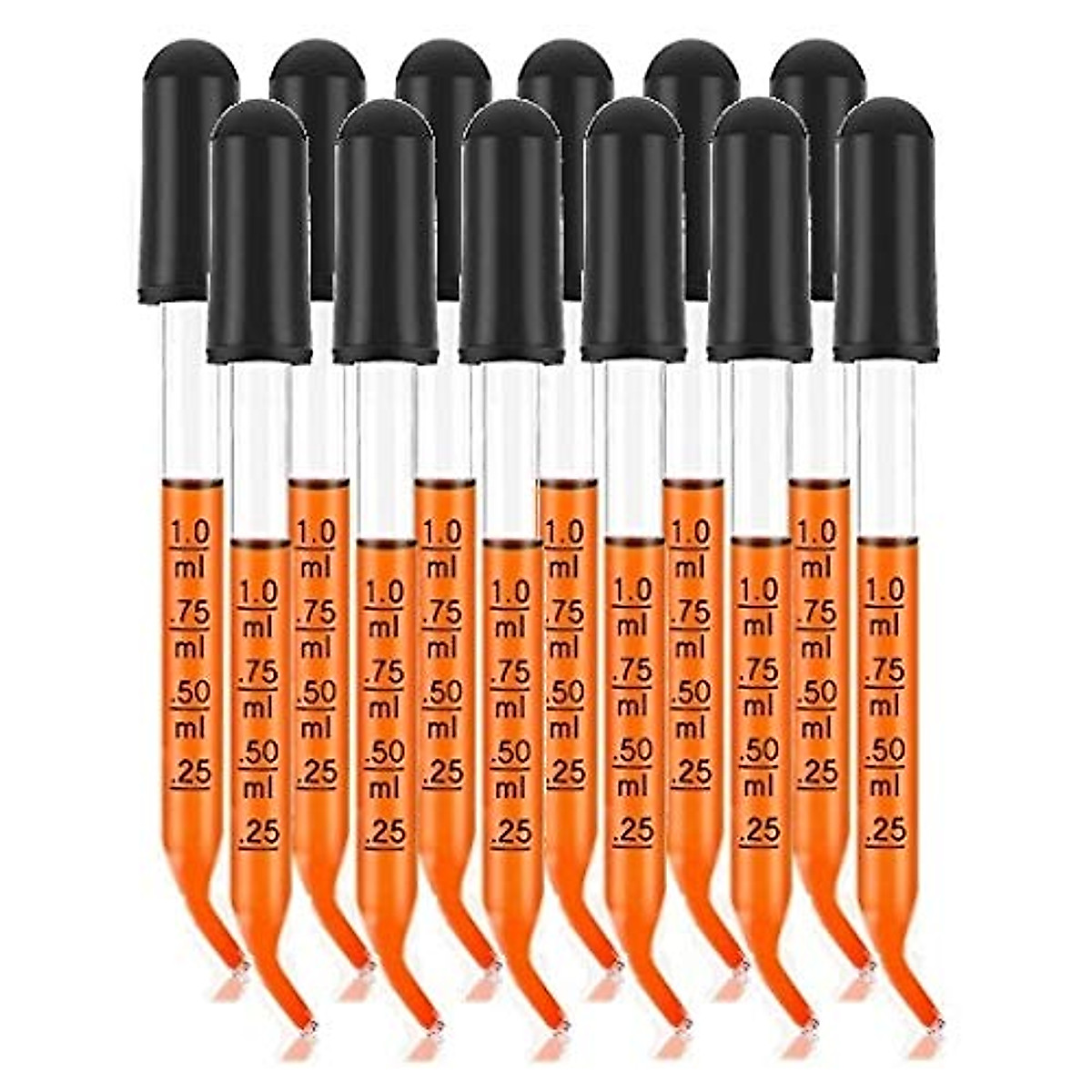 Pack of 12 Graduated 1ml, Glass Dropper with Black Suction Bulb, Medicine Eye Droppers 3" Bent Tip Calibrated for Essential Oils, Science Laboratory Medicine Art Liquid Plant Nutrients
