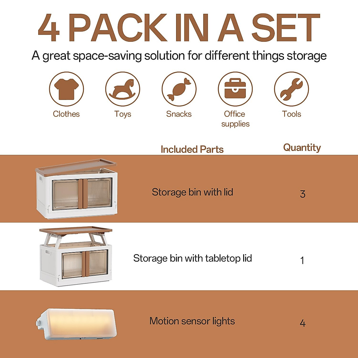 HAIXIN Storage Bins with Lights100 Gallon - Large Stackable Storage Cabinets with Wheels Tabletop & Lights, 78 Qt*4 Plastic Storage Containers for Bedroom Patio Camping Closet Organizers and Storage