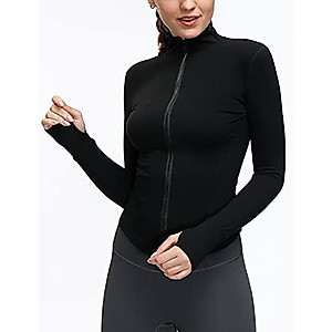 Tanming Women's Full Zip Seamless Workout Jacket Running Yoga Slim Fit Track Jacket (Black-S)