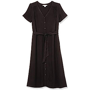 Amazon Essentials Women's Short-Sleeve Midi Button Front Tie Dress, Black, Large