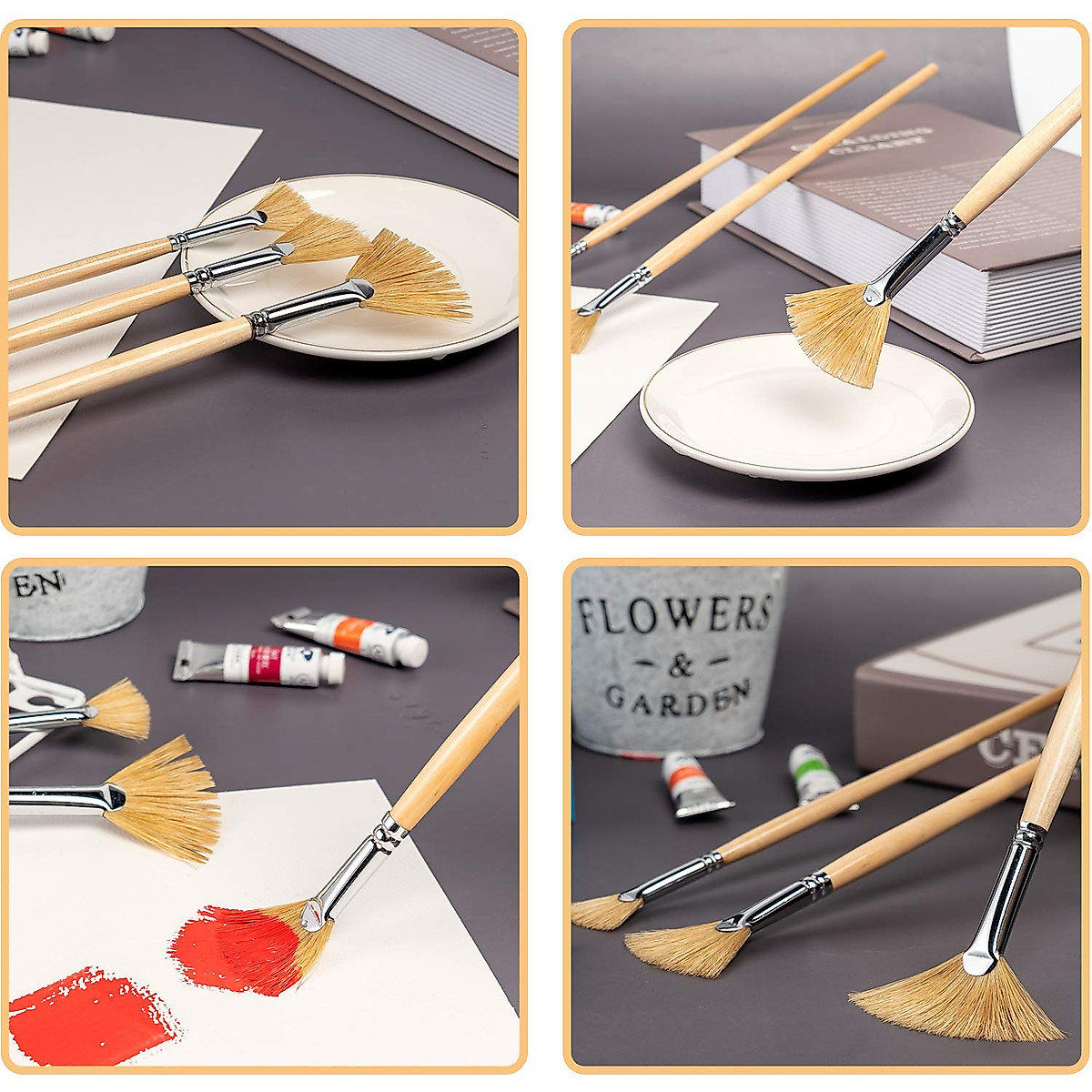 Artist Fan Paint Brush Set of 6, Hog Bristle Natural Hair Anti-Shedding Brush Tips, Long Wooden Handle for Comfortable Holding, Great for Acrylic Watercolor Oil Painting