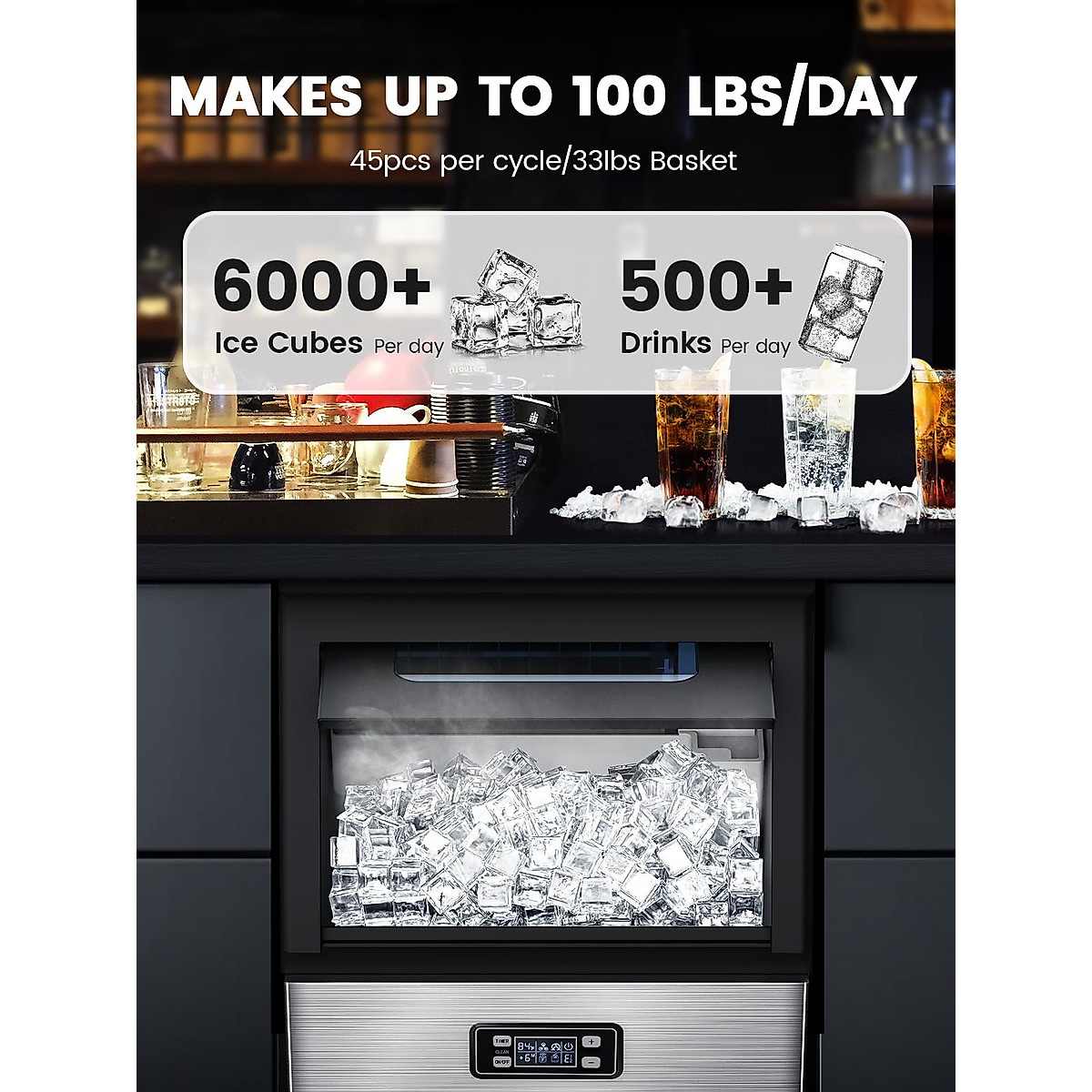 Kndko Commercial Ice Maker Machine, 100 lbs/24H, Stainless Steel Ice Maker with 2 Way Add Water, Under Counter Ice Machine, Freestanding Ice Maker, 24H Timer,Ice Machine for Home,Bar,Restaurant,RV