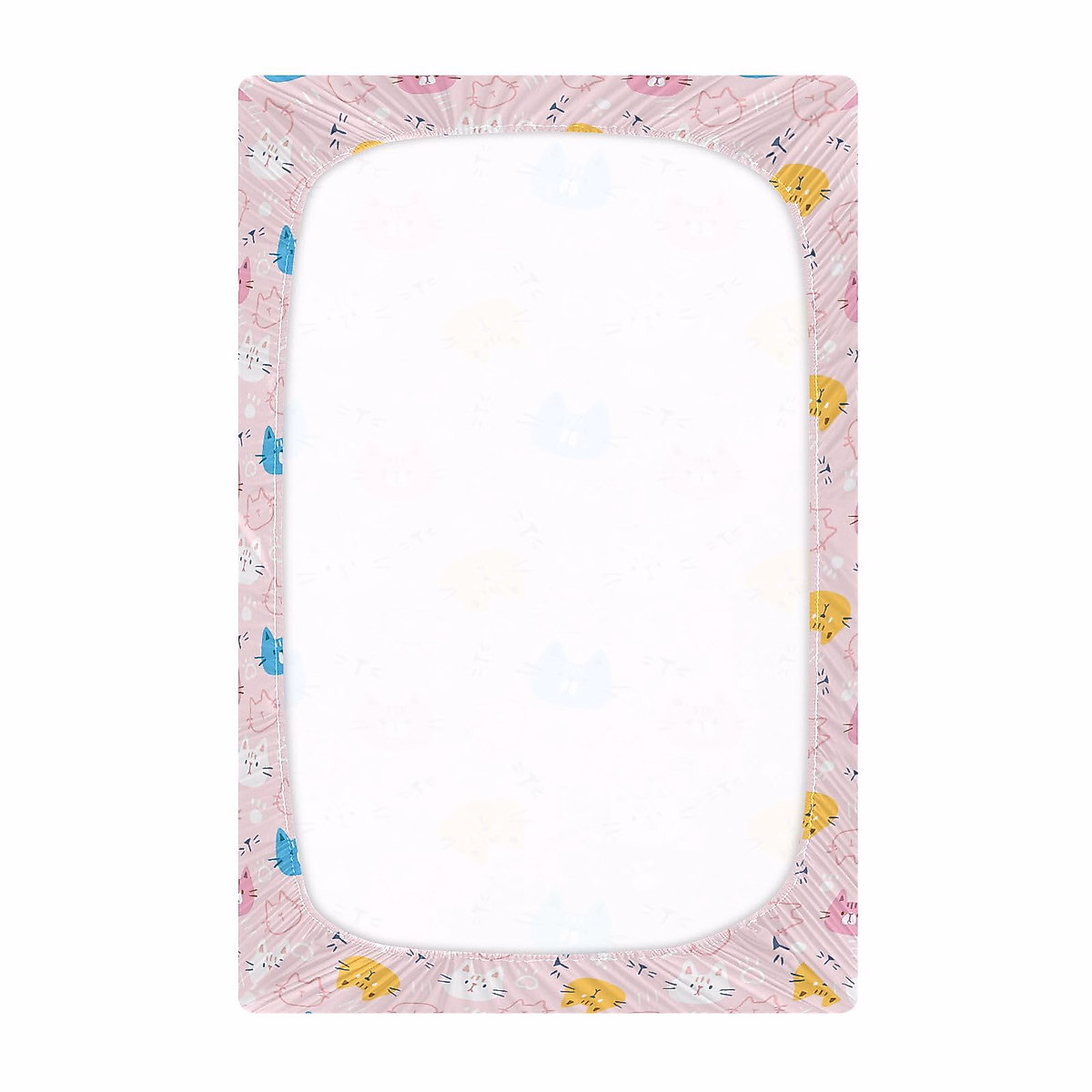 Kigai Cartoon Cat Face Pink Crib Sheets for Boys Girls, Soft and Breathable Pack n Play Sheets, Portable Mini Stretchy Cribs Sheets, 39x27 Inch