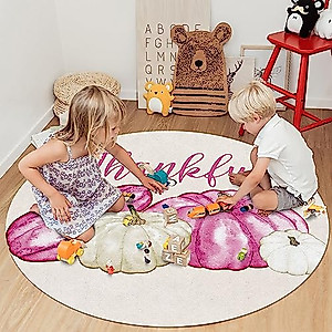 Large Round Area Rug for Living Room Bedroom, 3ft Non-Slip Rugs for Kids Room, Pink White Pumpkins Fall Thanksgiving Washable Carpet Floor Mat for Home Nursery Room Decor