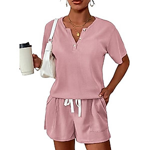 Ekouaer Women's Sets Comfy Waffle Pajamas Knit Sleepwear Button Down Lounge Set Short Sleeve Pjs with Pocket