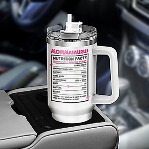 9GIFT4YOU Mommasaurus Gifts, Mom, Tumbler 40 Oz With Handle Lid And Straw, Mom Nutrition Facts Keep Drinks Cold Hot Dinosaur Leak Resistant Water Bottle, Mommasaurus Nutrition Facts
