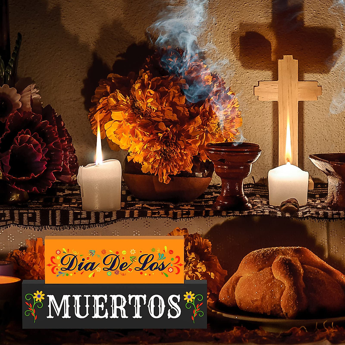 3 Pieces Day of The Dead Decorations Dia De Los Muertos Wooden Blocks Sugar Skull Wooden Sign Day of The Dead Table Centerpiece Decor for Mexican Day of The Dead Decor and Halloween Home Decorations