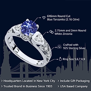 Gem Stone King 925 Sterling Silver Blue Tanzanite Engagement Ring For Women (2.16 Cttw, Round Cut 6MM, Gemstone Birthstone, Available In Size 5, 6, 7, 8, 9)