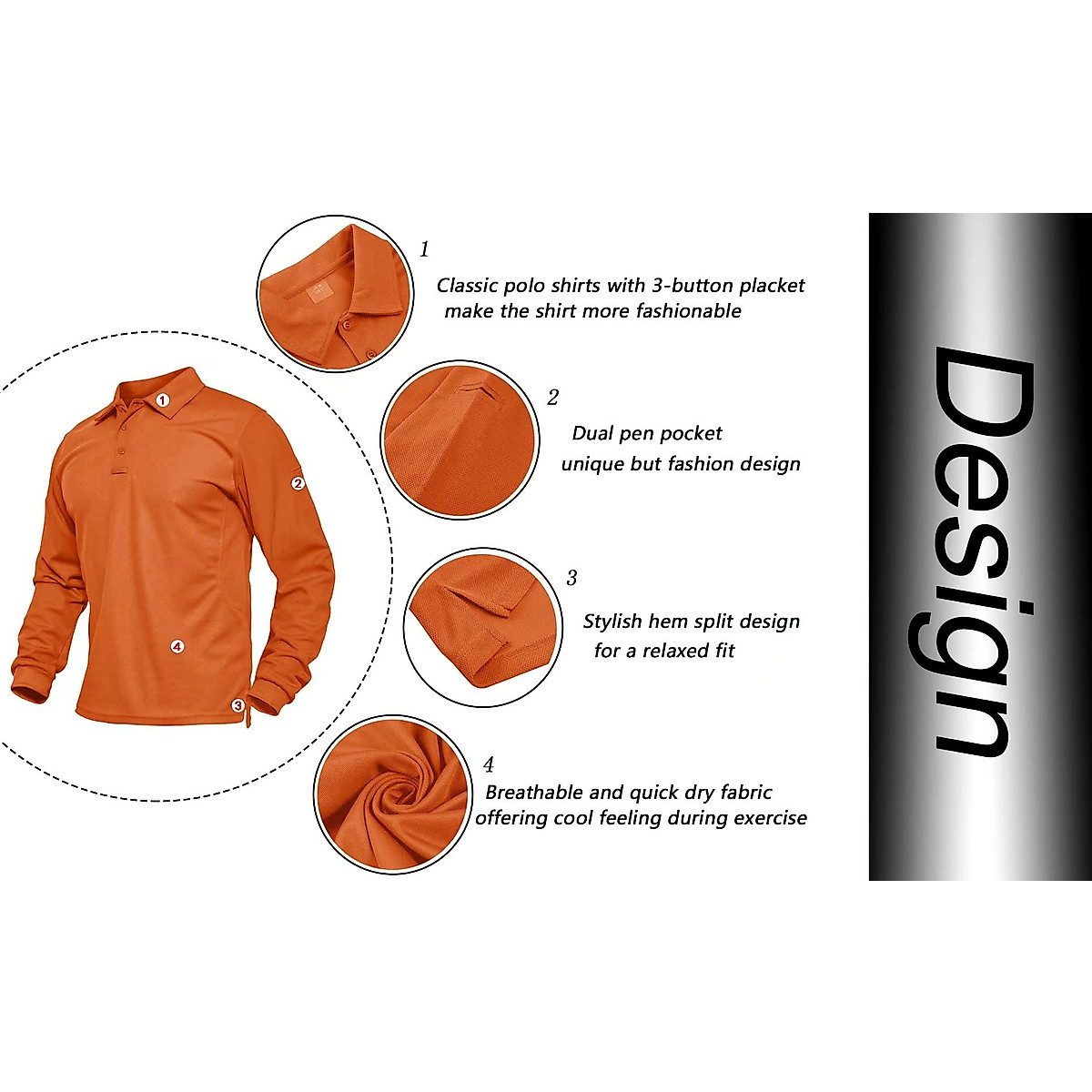 BIYLACLESEN Mens Jersey Polo Shirt Tactical Military Shirt Dry Fit Casual Solid Golf Polo Shirt Hunter Polo Shirts Golf Shirts Long Sleeve Orange