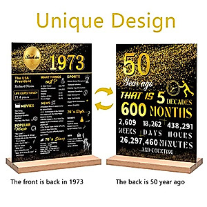 Vlipoeasn Large Size 1973 Poster 50th Birthday Anniversary Table Decoration for Women, Black Gold Duplex Print Back in 1973 Acrylic Table Sign with Wooden Stand, 50 Year Old Birthday Gifts for Women