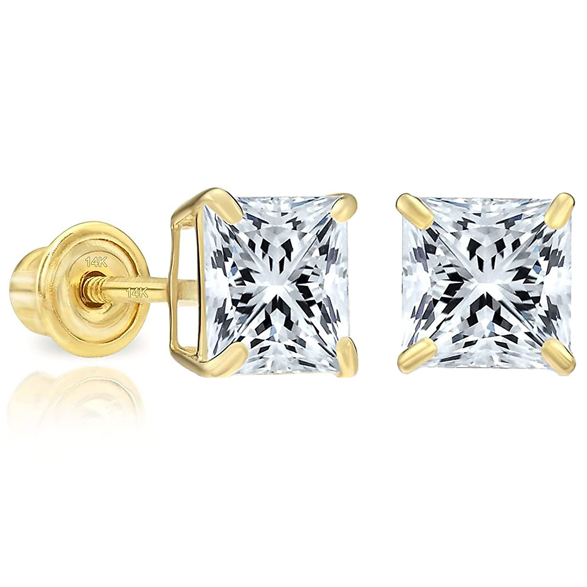 Solid 14k Yellow Gold Solitaire Square Princess-cut CZ Stud Earrings with Secure Screw-backs (5mm)