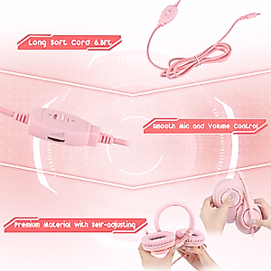 Pink Gaming Headset for Nintendo Switch, PS4, Xbox One,Laptop,PC,Tablets,Phones with Noise Cancelling Adjustable Mic, Soft Earmuffs Surround Sound 3.5mm Over Ear Headphones for Kids Teens Adults
