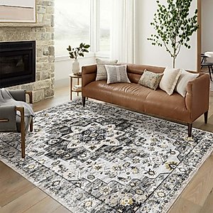 CHOSHOME Washable 5x7 Area Rugs,Vintage Area Rugs 5x7 for Living Room,Stain Resistant Carpet with Non Slip Backing for Bedroom,Ultra Soft Low-Pile Retro Floor Rugs for Dining Room,Grey