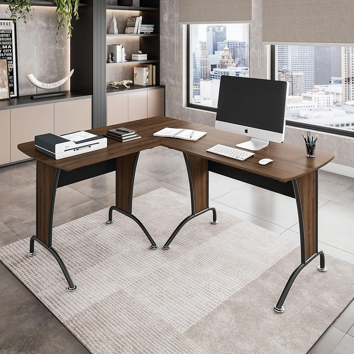 Techni Mobili Deluxe L Shaped, Corner Configurable as Left/Right-Handed L Inline, Durable Steel Frame with Spacious Work Area, Walnut and Grey Office Desk, 67” W x 57” D x 29” H