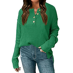 ZESICA Women's 2023 Casual V Neck Sweater Loose Long Sleeve Waffle Knit Button Henley Pullover Jumper Top,Green,Small