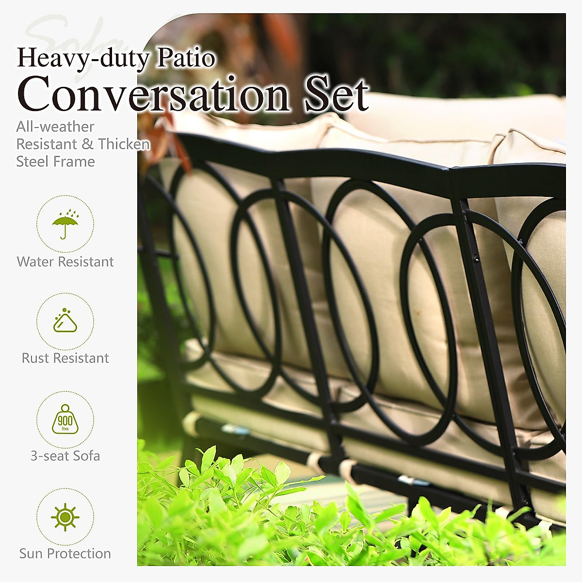 Sophia & William Oversized Patio Furniture Set with Fire Pit Table, 4 Piece Outdoor Heavy-Duty Metal Conversation Sets with 3-Seat Sofa, 2 Swivel Sofa Chairs, 56-Inch Fire Pit Table, Beige