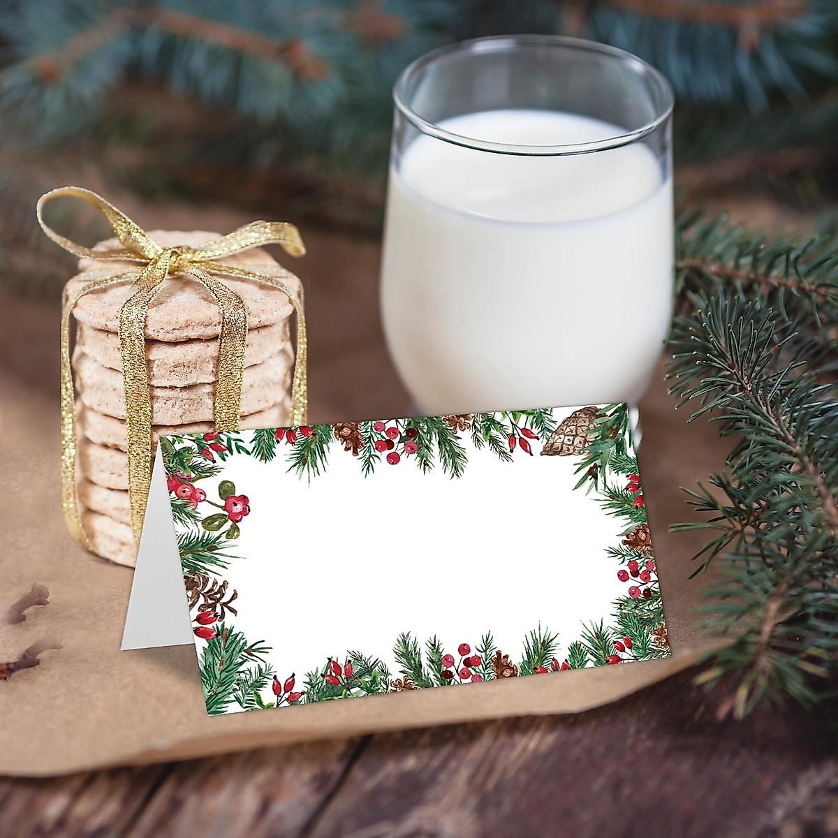 Whaline 100Pcs Christmas Place Cards 2 x 3.5 Inch Holly Berry with Pine Branch Cone Tented Cards Seating Cards for Xmas Wedding Bridal Shower Birthday Party Table Setting