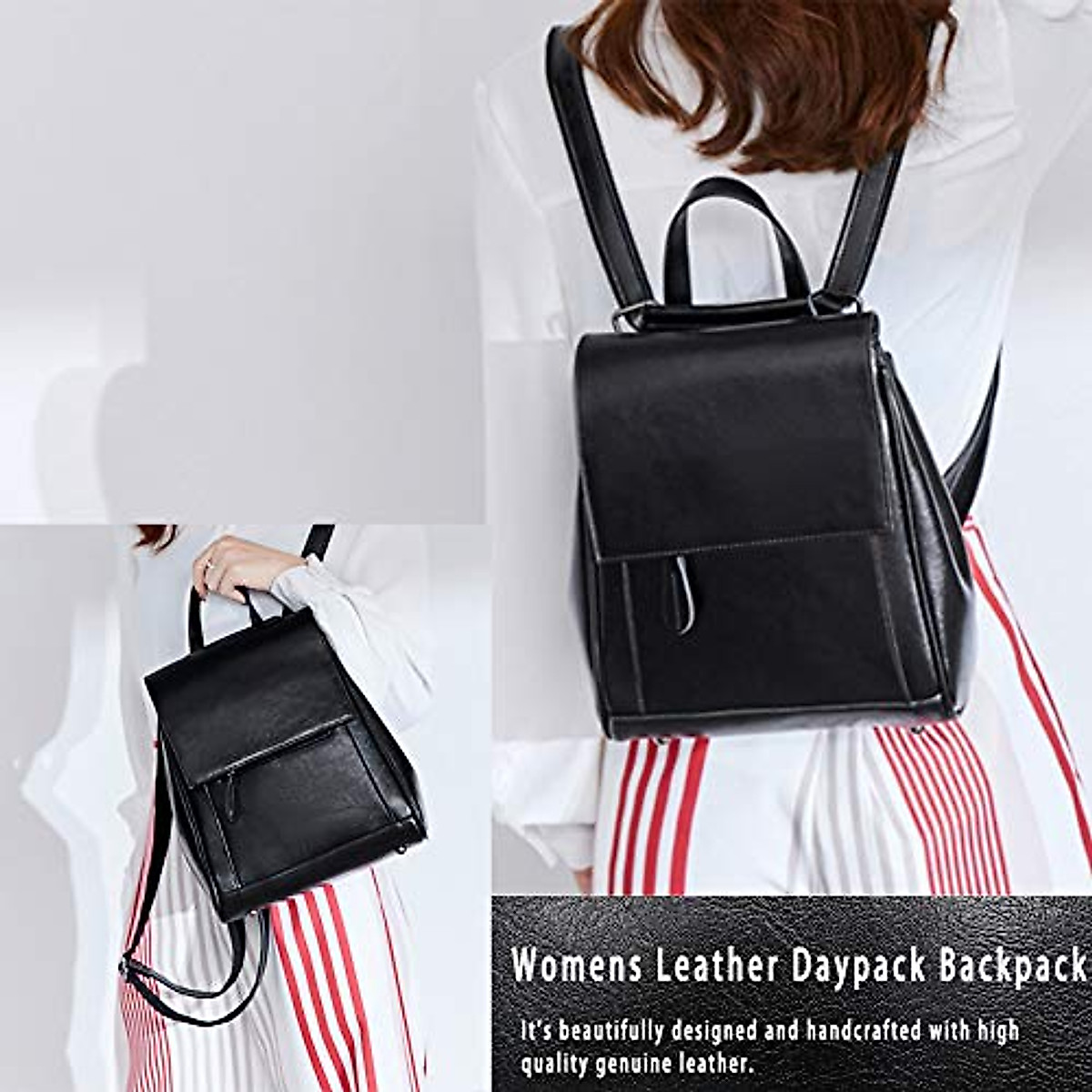 Womens Backpack Purse Soft Leather Antitheft Rucksack Ladies Versatile Shoulder Bag Daypack Travel Office Bag Black