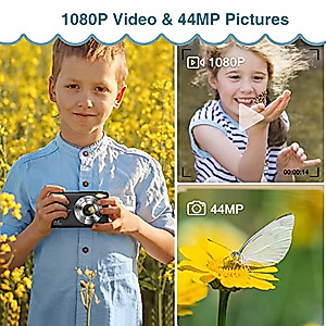 Digital Camera 1080P 44MP Digital Point and Shoot Camera Kids Camera with 32GB Memory Card,16X Zoom for Children Boys Girls Students, Black