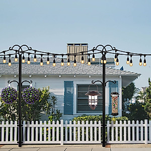 String Light Poles 2 Pack,110IN Height Adjustable Metal Stand Pole with Hooks for Hanging String Lights,Garden, Backyard,Patio Lighting Stand for Parties,Wedding (2Pack-Deck Pole, Black)