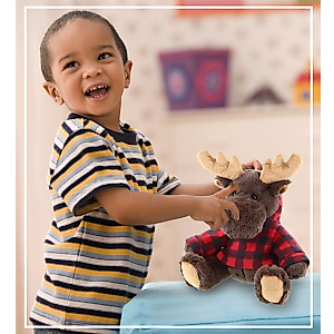 DolliBu Plush Moose with Red Plaid Hoodie - Soft Huggable Wild Life Moose, Adorable Playtime Zoo Moose Plush with Clothes, Cute Wildlife Cuddle Gift for Kids and Adults