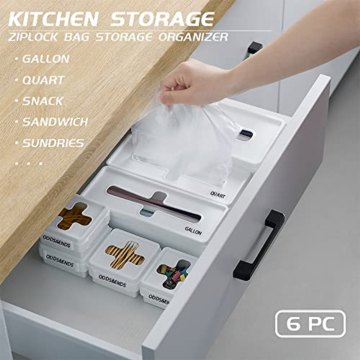 Ziplock Bag Storage Organizer for Kitchen 6 Pack Drawer Dispenser Compatible with Ziploc, Solimo, Glad for Gallon, Quart, Sandwich, Snack and Variety Size Bags