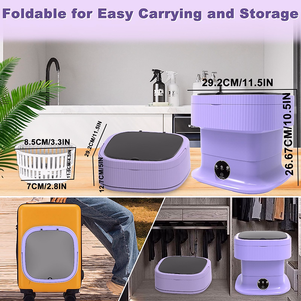 13L Mini Washing Machine, Small Portable Washer with Spin Dryer, Collapsible Luandry Washer, Foldable Compact Lavadora Portatil for Baby Clothes, Underwear, Travel, Camping, Apartments, Purple