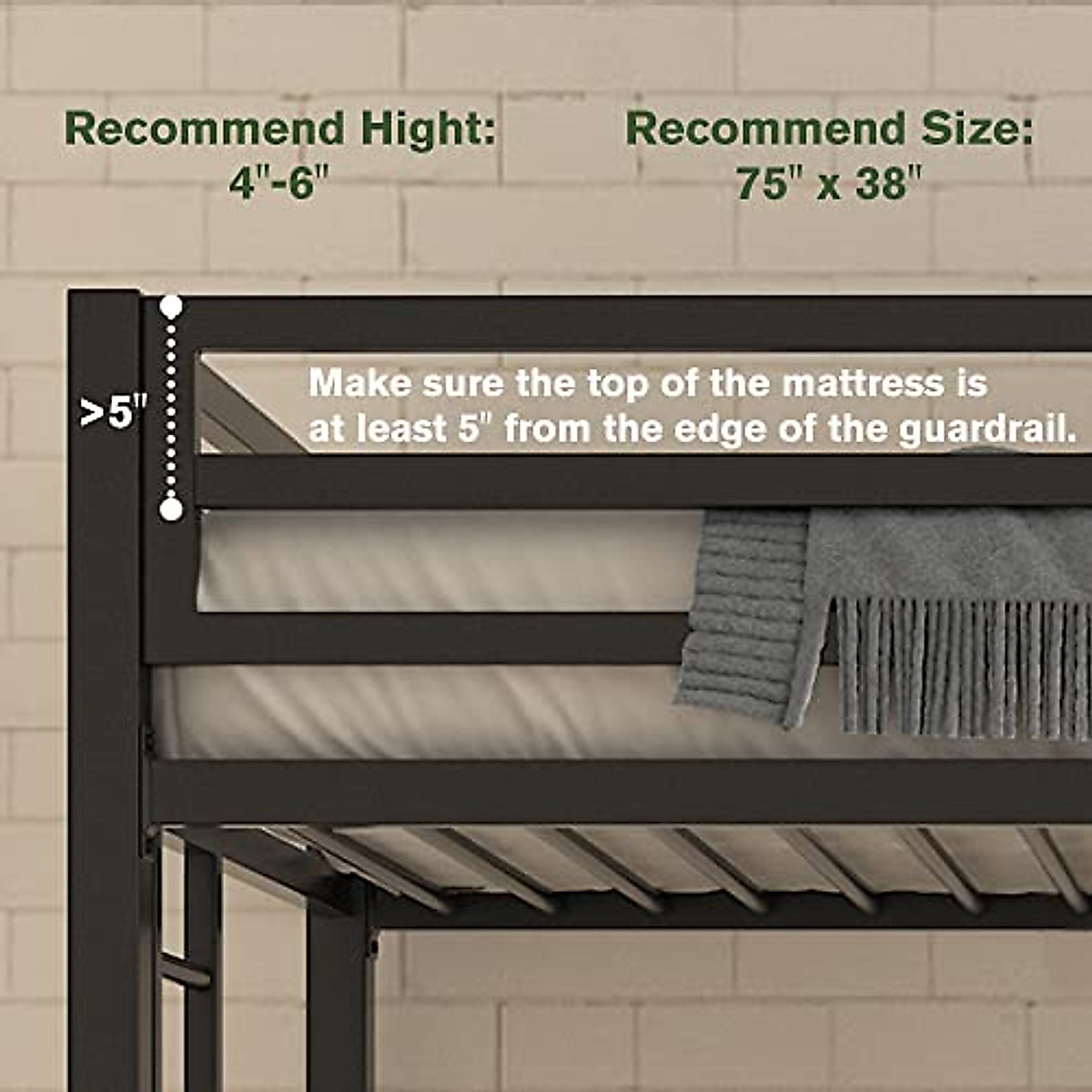 IMUsee Loft Bed Frame for Juniors&Adults, Metal Loft Bed Twin Size with Safety Guardrail&Removable Ladder, Space-Saving, Noise Free, Matte Black