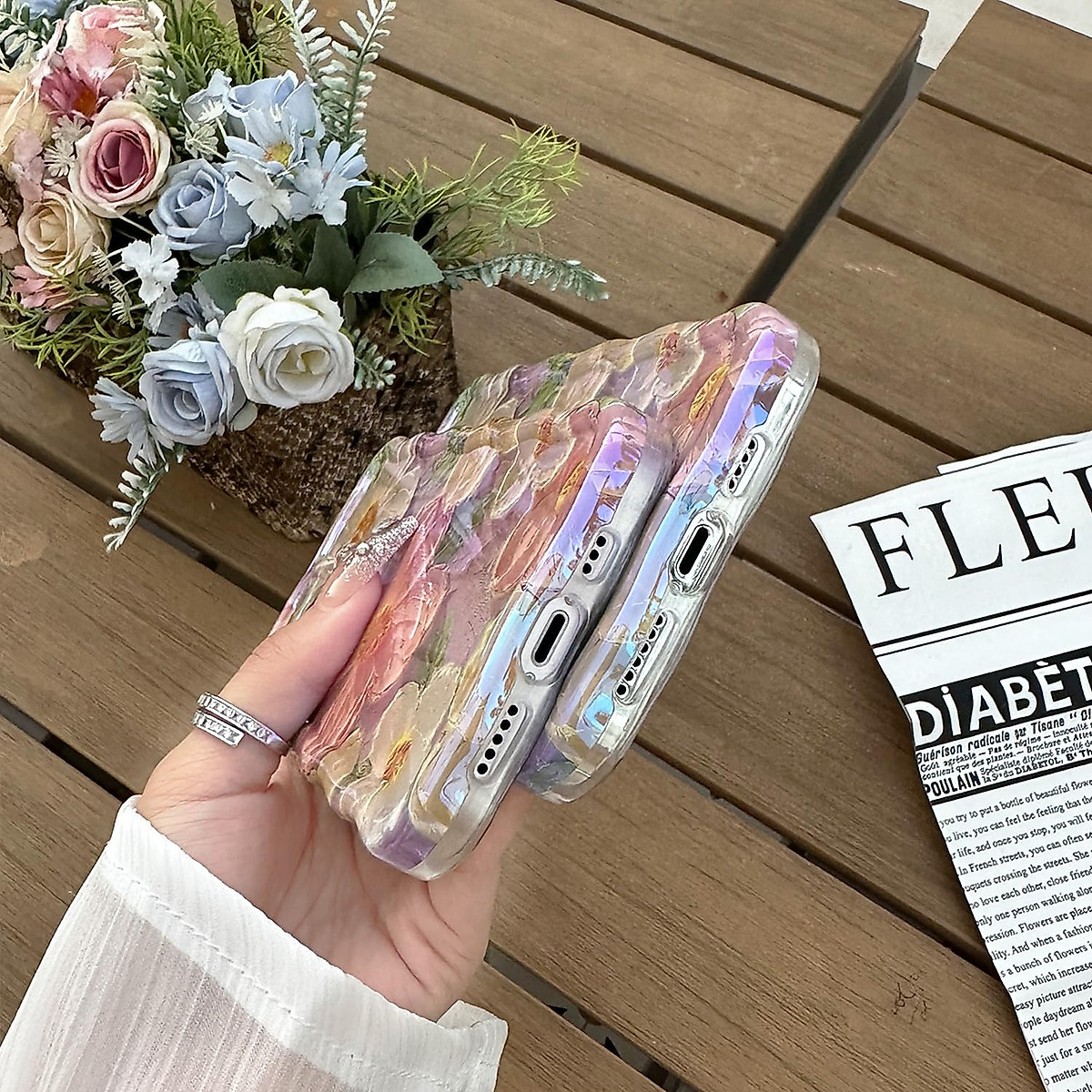 Sayoaho Compatible with iPhone 13 Pro Max Case for Women, Cute Curly Wave Frame Shape, Colorful Retro Oil Painting Flower Laser Beam Glossy Pattern, Compatible with iPhone 13 Pro Max, Pink