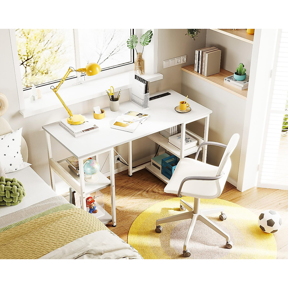 AODK 40 Inch Small Writing Desk with Power Outlets & USB Charging Port, Computer Desk for Small Spaces Home Office, Student Laptop PC Desks with Storage Shelves, Kids Desk, White