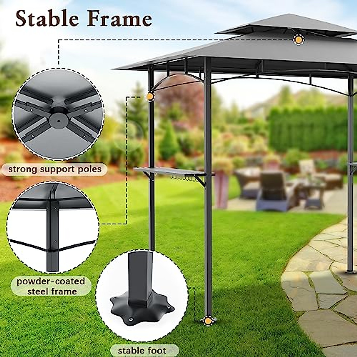 Zevemomo Grill Gazebo, 8x5 FT Grill Canopy for Outdoor Grill, Double Tiered BBQ Canopy Tent with 2 Shelves, 10 Hooks and Bottle Opener, All Weather Outdoor Gazebo for Patio, Backyard, Garden, Gray