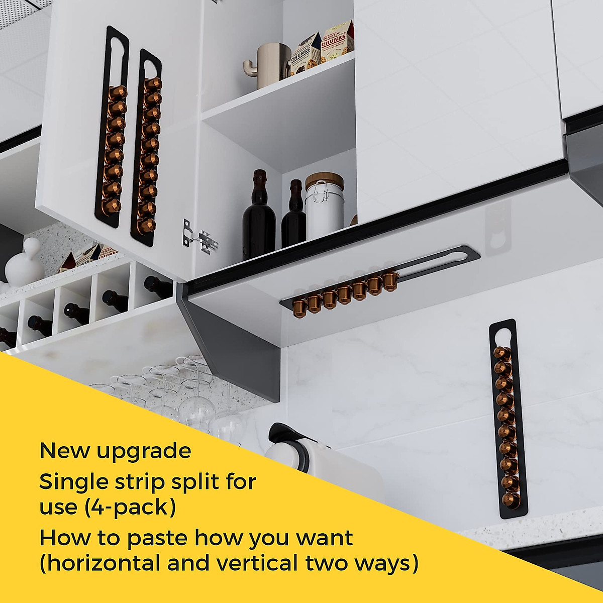 JNIHEEP Coffee Pod Holder Metal Black Adhesive Capsule Holder for Original Line Nespresso Pods,Vertically or Horizontally Mount on Wall or Under Cabinets,15.75" L by 2.38" x 4 Packs Storage Holds 44