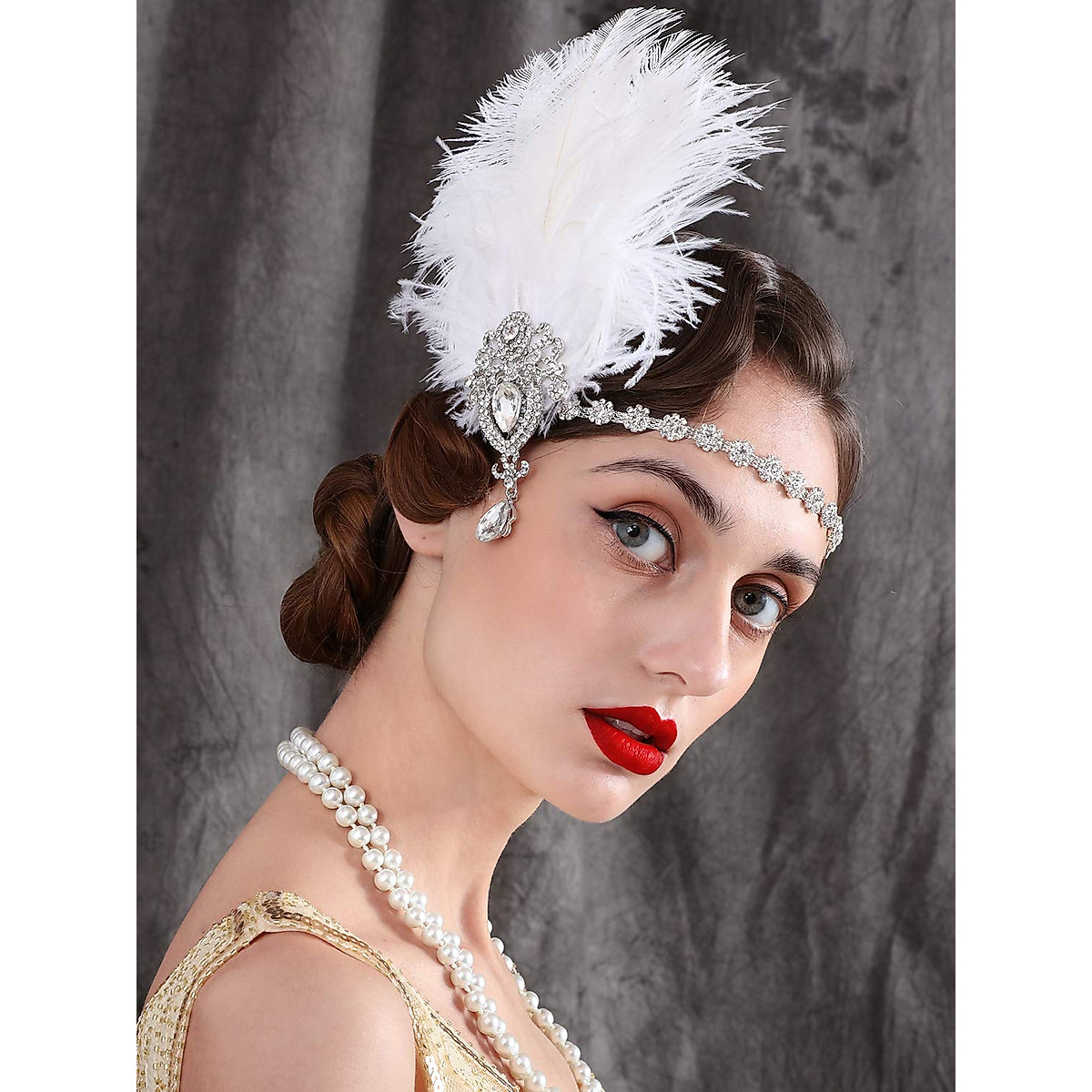 SWEETV 1920s Feather Headpiece Ivory, Womens Ostrich Feather Crystal Headband, Great Gatsby Hair Accessories for Women, Ribbon Tie