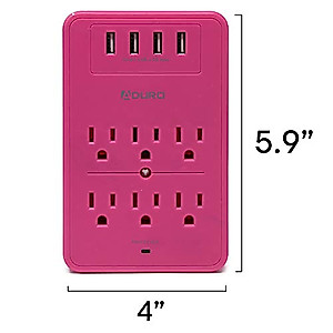 Aduro Surge Protector 6 Outlets Power Strip Station with USB (4 Ports 4.8A) Wall Mount Multiple Outlet Splitter Extender Adapter with Phone Shelf Stand ETL Listed, Pink