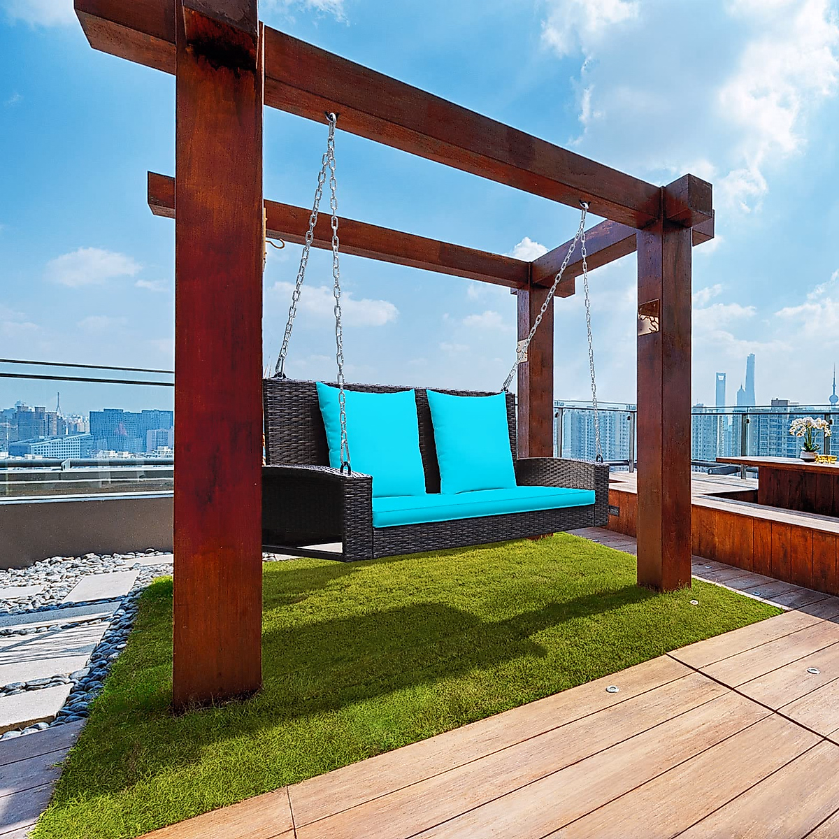 Tangkula 2-Person Wicker Hanging Porch Swing, Patiojoy Outdoor Rattan Swing Bench W/ 2 Back Cushions & 1 Seat Cushion, Sturdy Steel Chain, 800lbs Weight Capacity, Suitable for Deck, Backyard, Garden