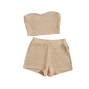 Verdusa Women's 2 Piece Outfit Ribbed Crop Bandeau Tube Top and Biker Track Shorts Sets Khaki M