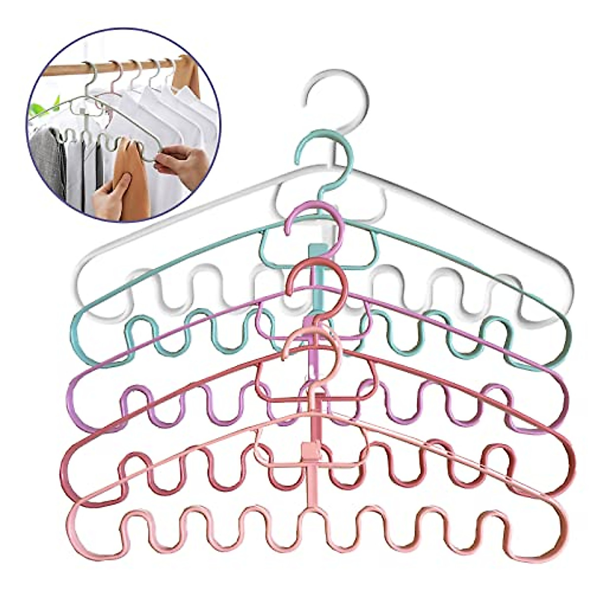 Wave Pattern Stackable Hangers 8 Slots, 5/10pcs Multifunctional Magic Wave Pattern Plastic Hangers, Smart Closet Organizer Hangers Space Saver for Tank Top Bra Hangers in Bulk (5,White)