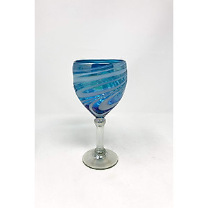 Blue Dorado Design Hand Blown Wine Glass - 16 oz - BDD - Set of 6 (Turquoise and White Swirl)