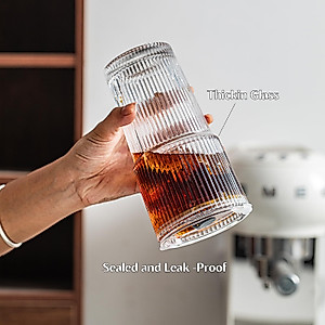 INSETLAN 20 oz Ribbed Glass Tumblers with Lids and Glass Straws – 4-Piece Glassware Set, Thickened Glass, Ideal for Iced Coffee, Smoothies, Cocktails, and Juices – Elegant and Durable Drinkware