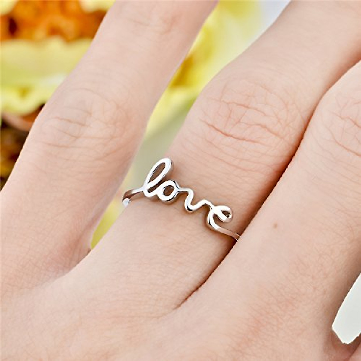 YFN Sterling Silver Simple Love Script Ring Thin Band Promise Ring (sterling-silver, 9)