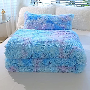 MOOWOO Plush Shaggy Comforter, Twin Luxury Ultra Soft Crystal Velvet Bedding Sets 2 Pieces (1 Faux Fur Comforter + 1 Faux Fur Pillow Cases), Colorful Blue