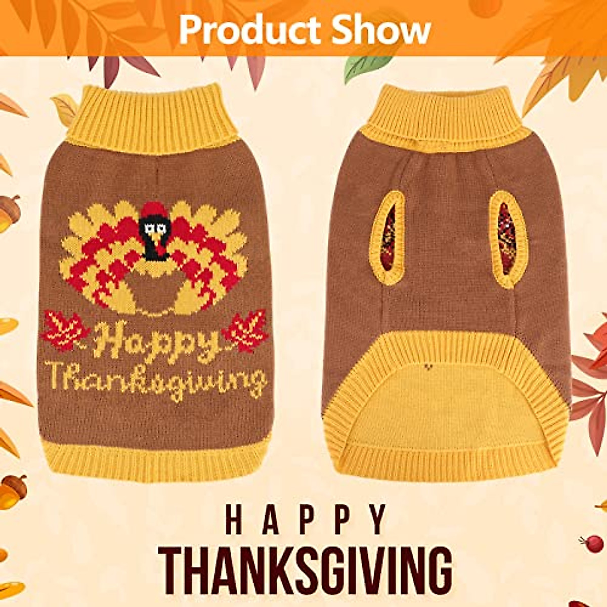 HUMLANJ Thanksgiving Knitted Dog Turtleneck Sweater Dog Sweaters Turkey Warm Pullover Sleeveless with Leash Hole for Puppy Doggy Doggie Yorkshire Chihuahua Pug