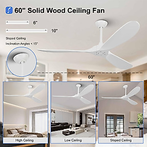 Swcita Large Ceiling Fans without Light, 60 Inch Modern Ceiling Fan with 3 Wood Blades, Noiseless Reversible DC Motor and Remote, for Outdoor Patios Indoor Bedroom Living Room Farmhouse, White