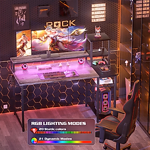 armocity 2024 Upgrade Gaming Desk with LED Lights, Small Computer Desk with Long Monitor Stand, 47.2'' Reversible Laptop Table with Storage Shelves, Small Desk for Small Spaces, Gaming Room, Grey