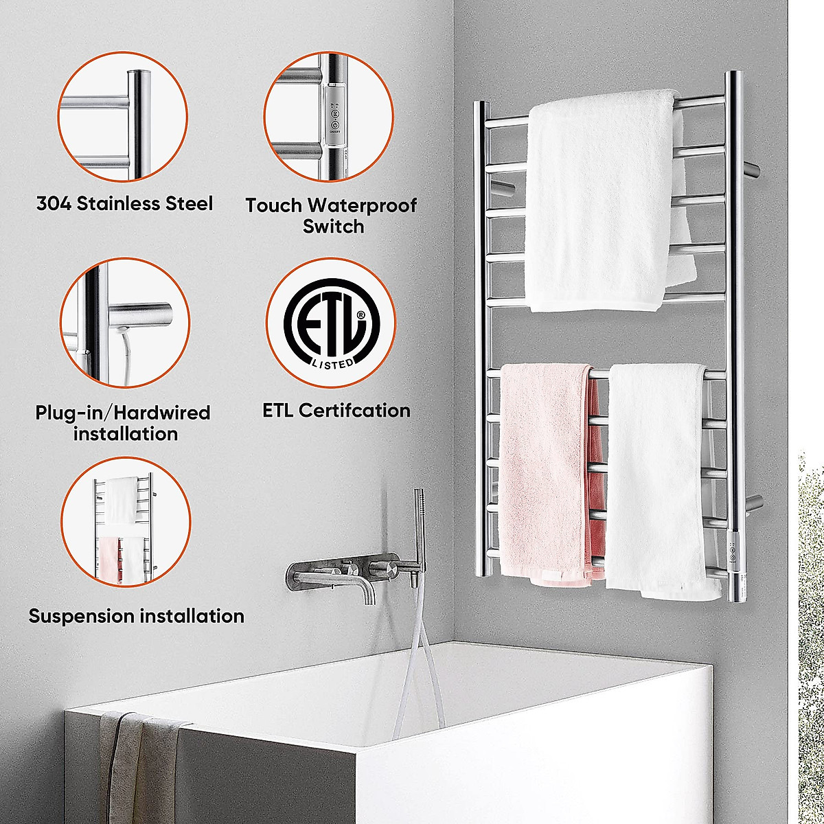 REECOO Towel Warmer Wall-Mounted Electric Towel Racks for Bathroom with Timer, Plug-in and Hardwired Options 24H Thermostatic Stainless Steel Drying Heated Towel Rack Suitable for Homes, Hotels