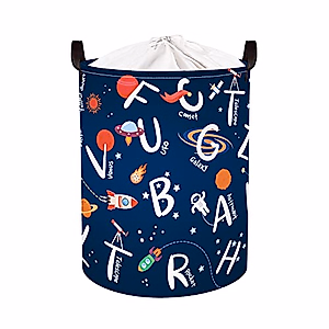 Clastyle 45L Universe Space Alphabet Planet Nursery Laundry Basket Rocket Round Toy Clothes Blue Storage Basket for Kindergarten, 14.2x17.7 in